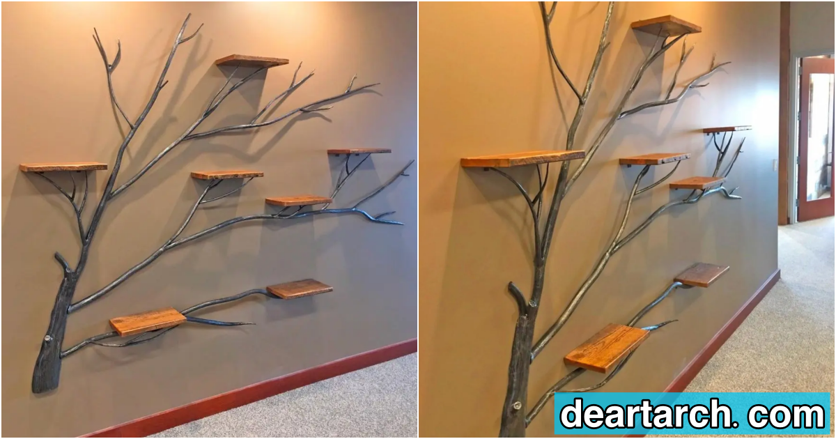 Nature-Inspired Elegance: The Giant Iron Tree with Wooden Wall Shelves ...
